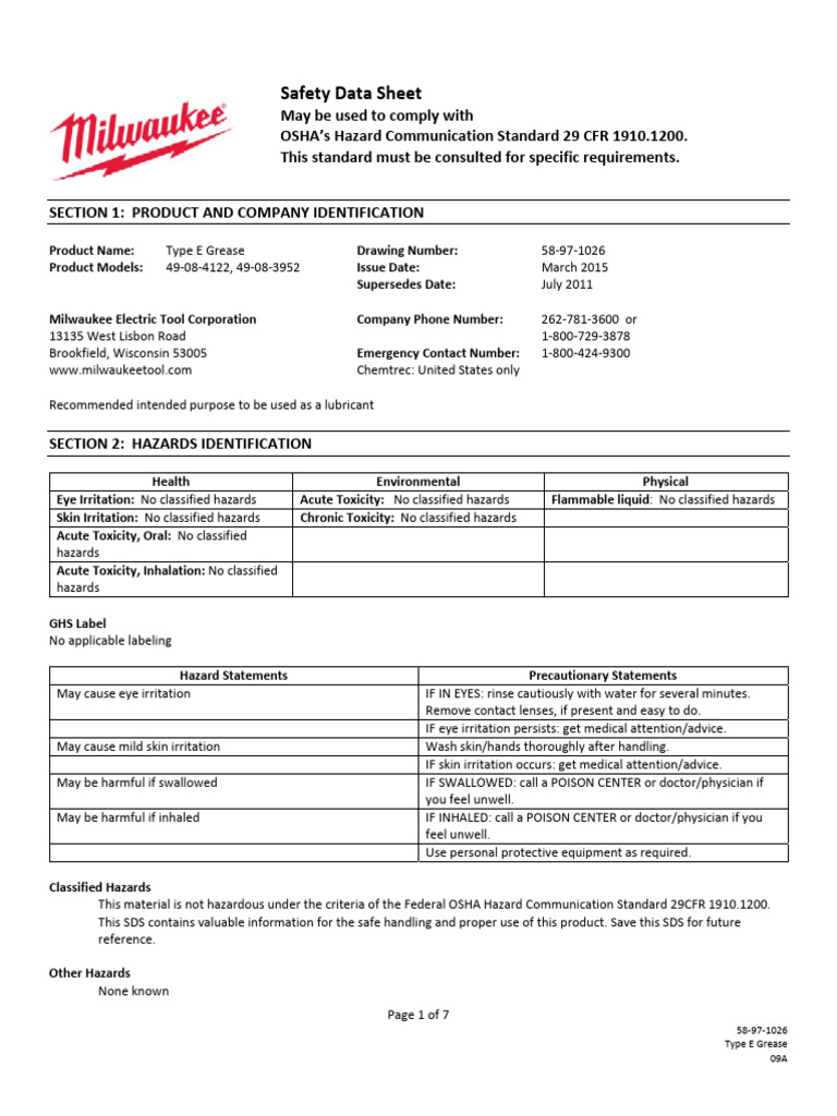 Type E Grease (Milwaukee Electric Tool Corporation) | PDF | Hazards ...