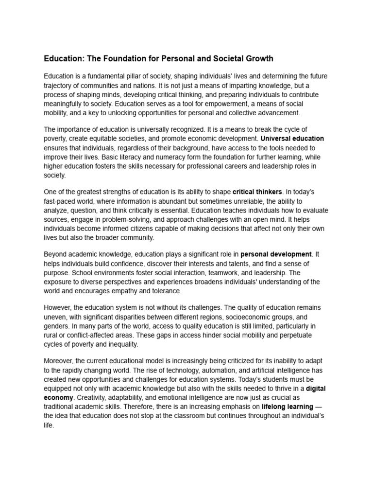 Education - The Foundation For Personal and Societal Growth | PDF ...