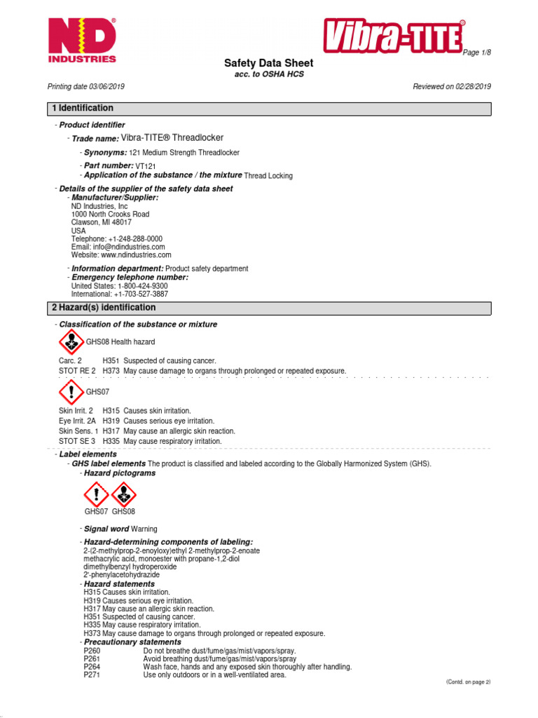 Vibra-TITE® Threadlocker MSDS | PDF | Dangerous Goods | Occupational ...