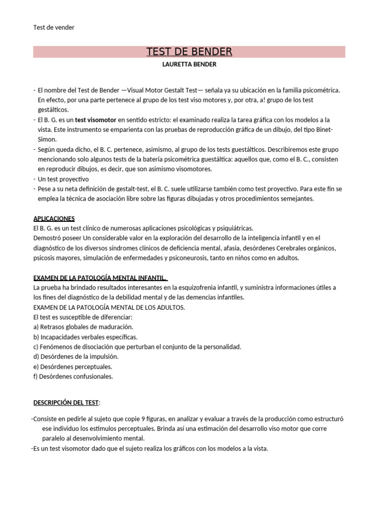 Test de Bender: Evaluación Psicométrica | PDF | Esquizofrenia | Sicología