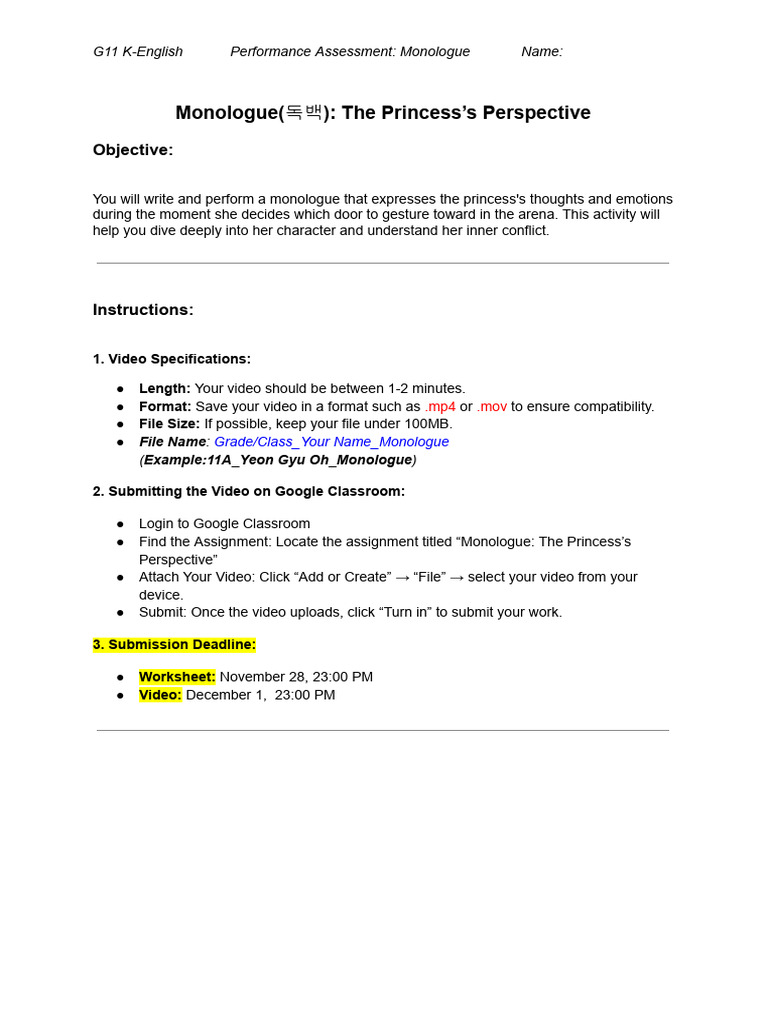 G11 Performance Assessment (Monologue: The Princess’s Perspective ...