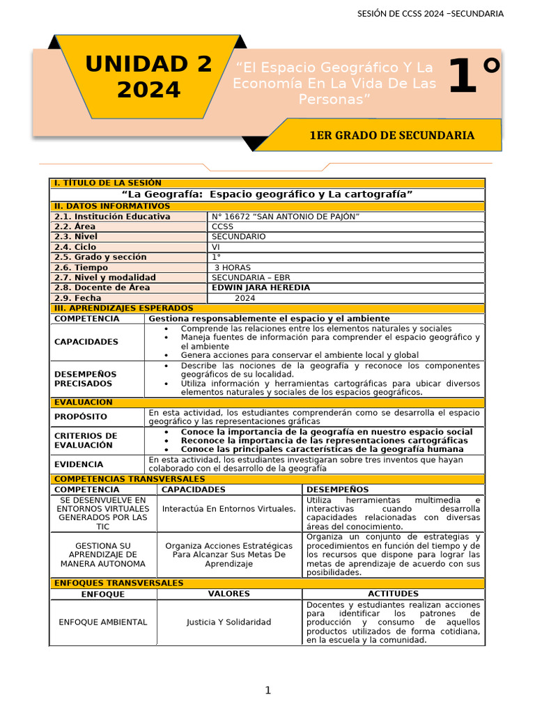 1º Sesiones Sem 1 Uni 2 - CCSS 2024 | PDF | Enseñando | Aprendizaje