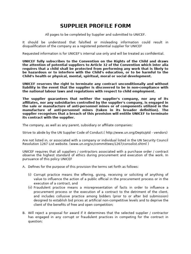 Annex III Suplier Profile Form | PDF