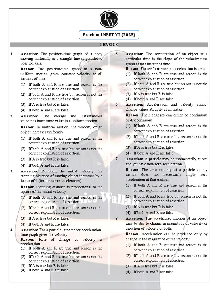 AR Question Bank Motion in A Straight Line Physics Prachand NEET | PDF ...