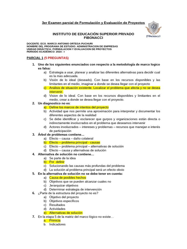 3er Examen Parcial de Formulación y Evaluación de Proyectos | PDF | Evaluación