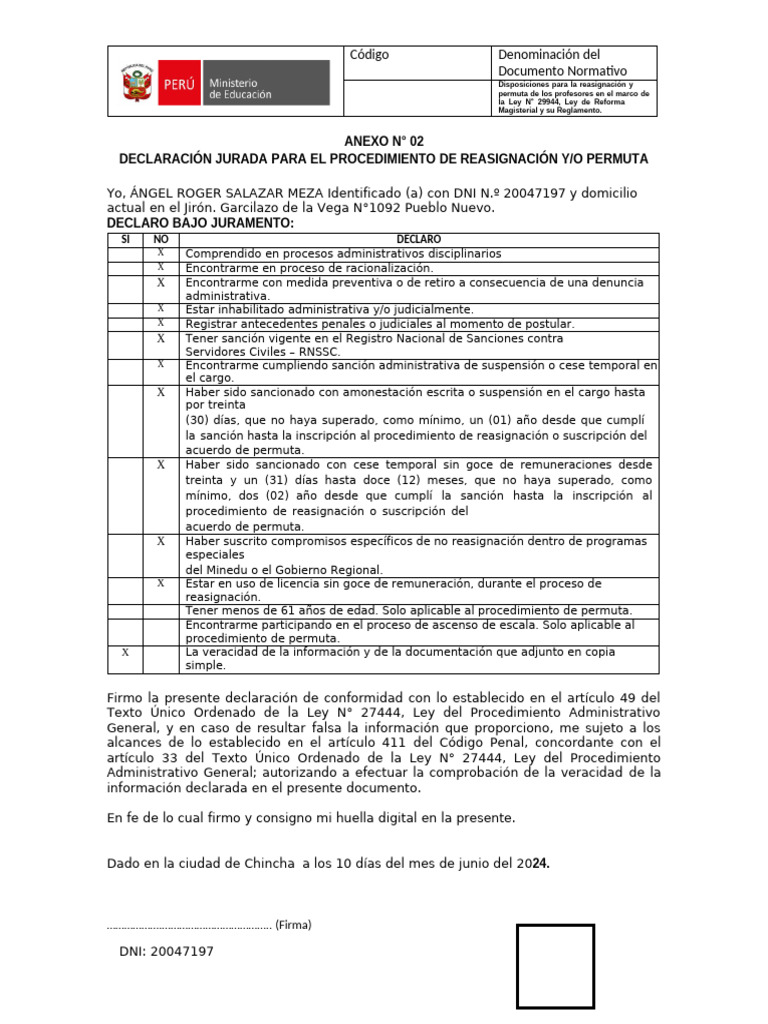Anexo N 02 Declaracion Jurada para Reasignacion | PDF | Gobierno | Justicia