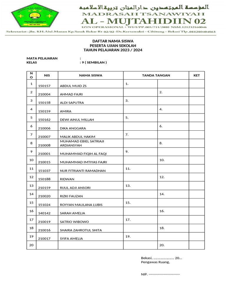 Daftar Hadir Peserta Ujian Sekolah | PDF