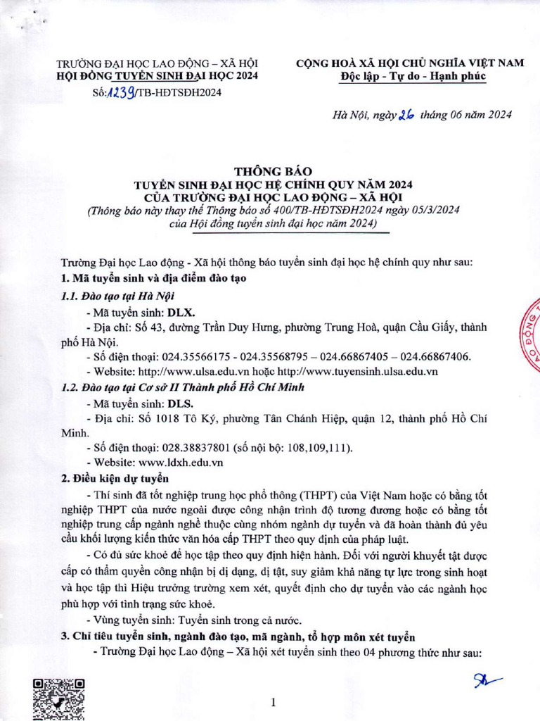 Thong Bao 1239 Tuyen Sinh Dai Hoc Nam 2024 - Truong DH Lao Dong - Xã Hoi | PDF