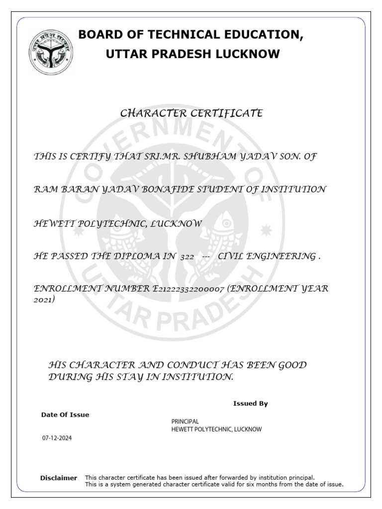 Character Certificate - Hewett Polytechnic | PDF