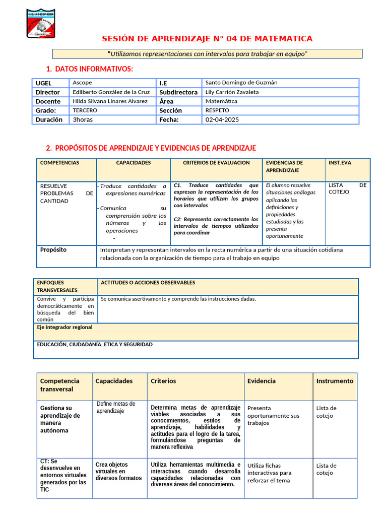 SESION DE APRENDIZAJE -INTERVALOS | PDF | Intervalo (Matemáticas) | Aprendizaje