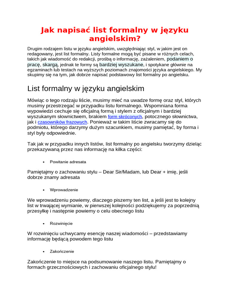 Jak Napisać List Formalny W Języku Angielskim | PDF