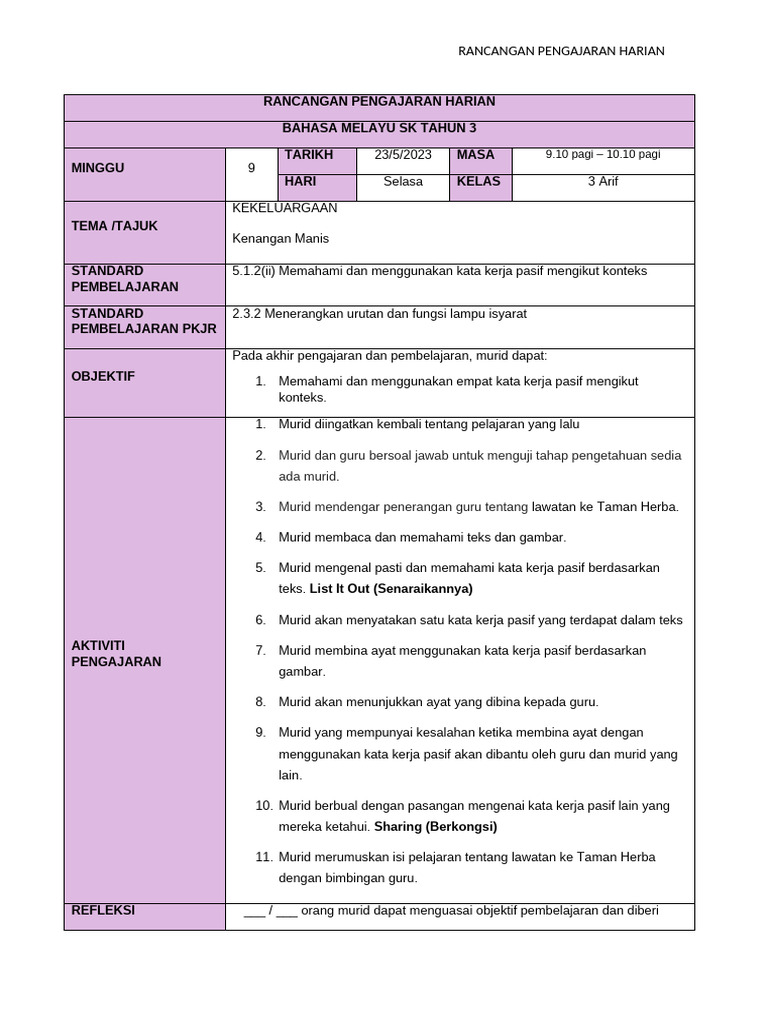 RPH Ringkas Minggu 9 BM 3B SK THN 3 2023 by Cikgu Gorgeous | PDF