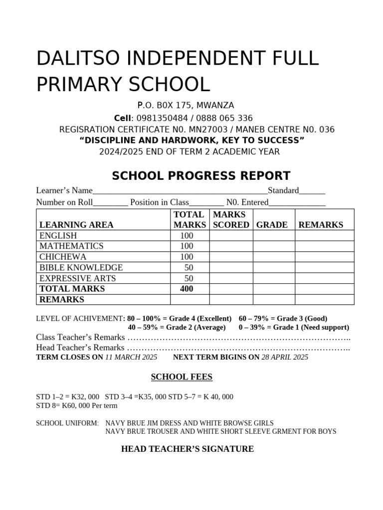 Dalitso 1-2 School Report | PDF