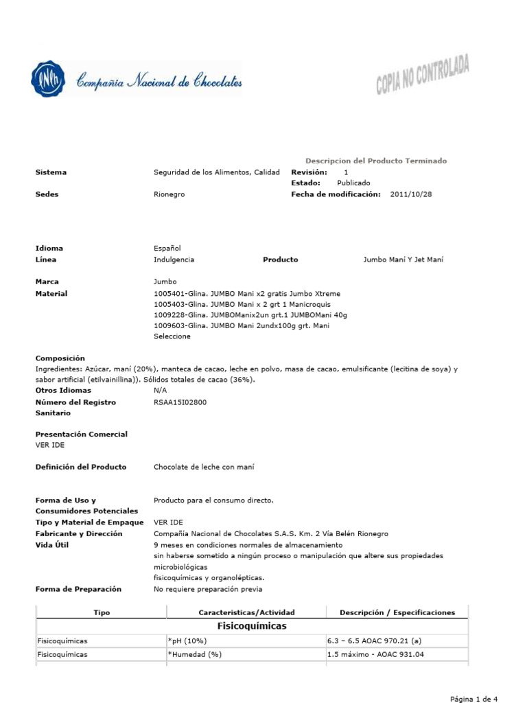 Jumbo Maní y Jet Maní: Descripción del Producto | PDF | Chocolate ...