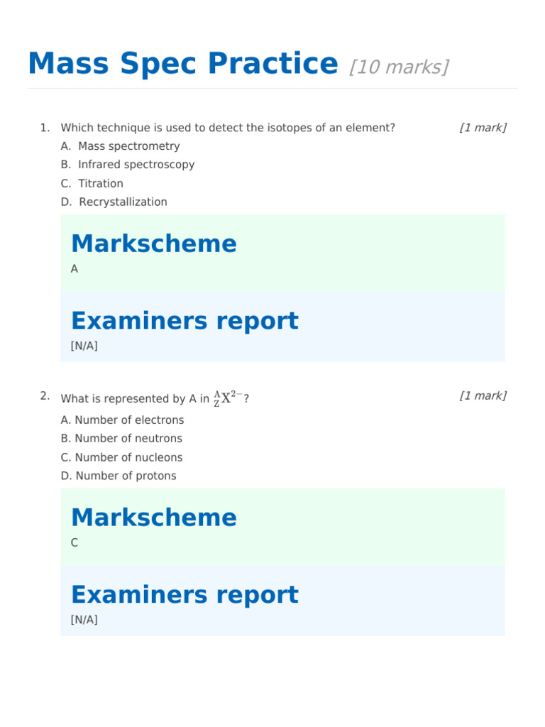Mass - Spec - Practice Exam Questions MS | PDF | Isotope | Redox