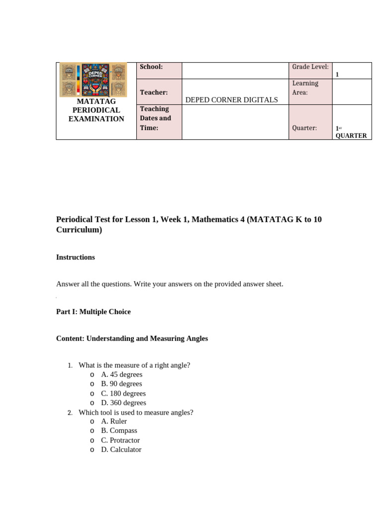 Pt-Week 1-Math-Deped Corner Digitals | PDF | Angle | Elementary Geometry