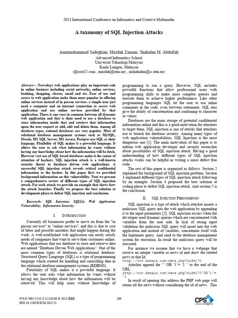 A Taxonomy of SQL Injection Attacks | PDF | Databases | Data
