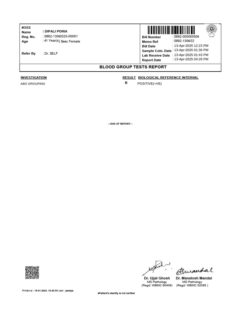 Blood Group Test Report for Patient | PDF