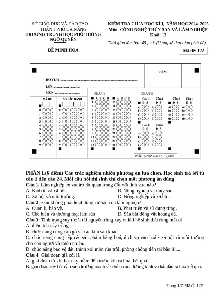 ĐỀ MH KTGK1 CN12 TSLN | PDF