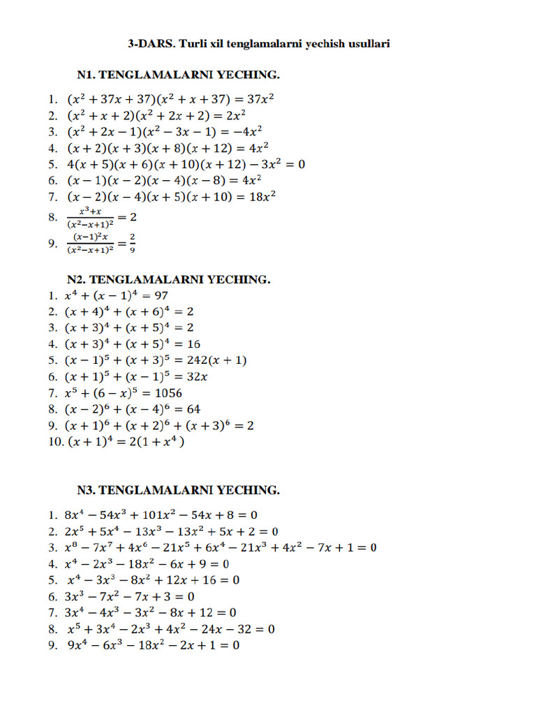 3-Dars. (Uyga Vazifa) Turli Xiltenglamalarni Yechish Usullari | PDF