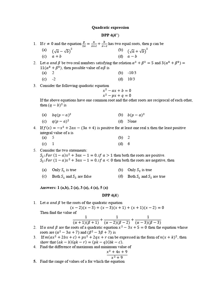 Quadratic Expression DPP 4 (EXC) | PDF | Quadratic Equation | Mathematics