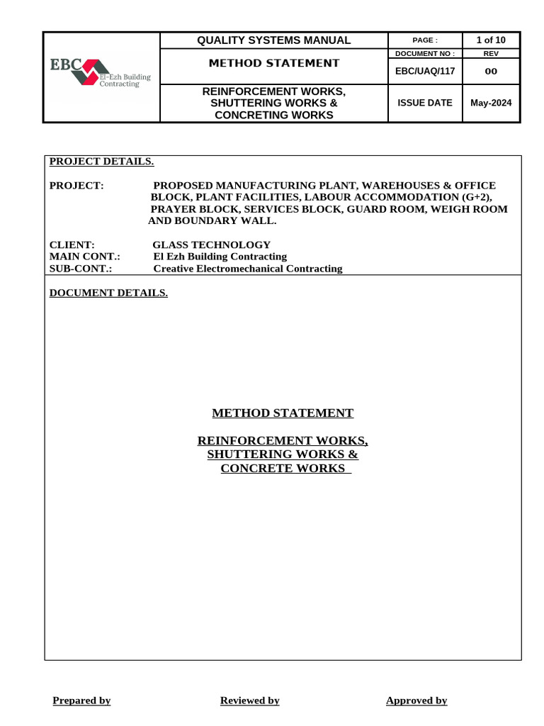 Method Statement for Shuttering & Reinforcement | PDF | Concrete ...
