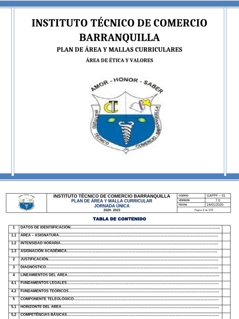Malla de Ética y Valores Institucionales Insteco | PDF