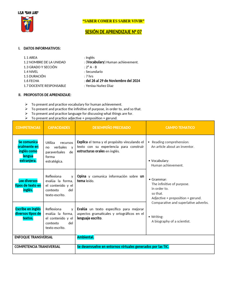 Sesion de Aprendizaje 07 Bim Iv Segundo Sec Inglés 2024 | PDF | Cognición | Comunicación