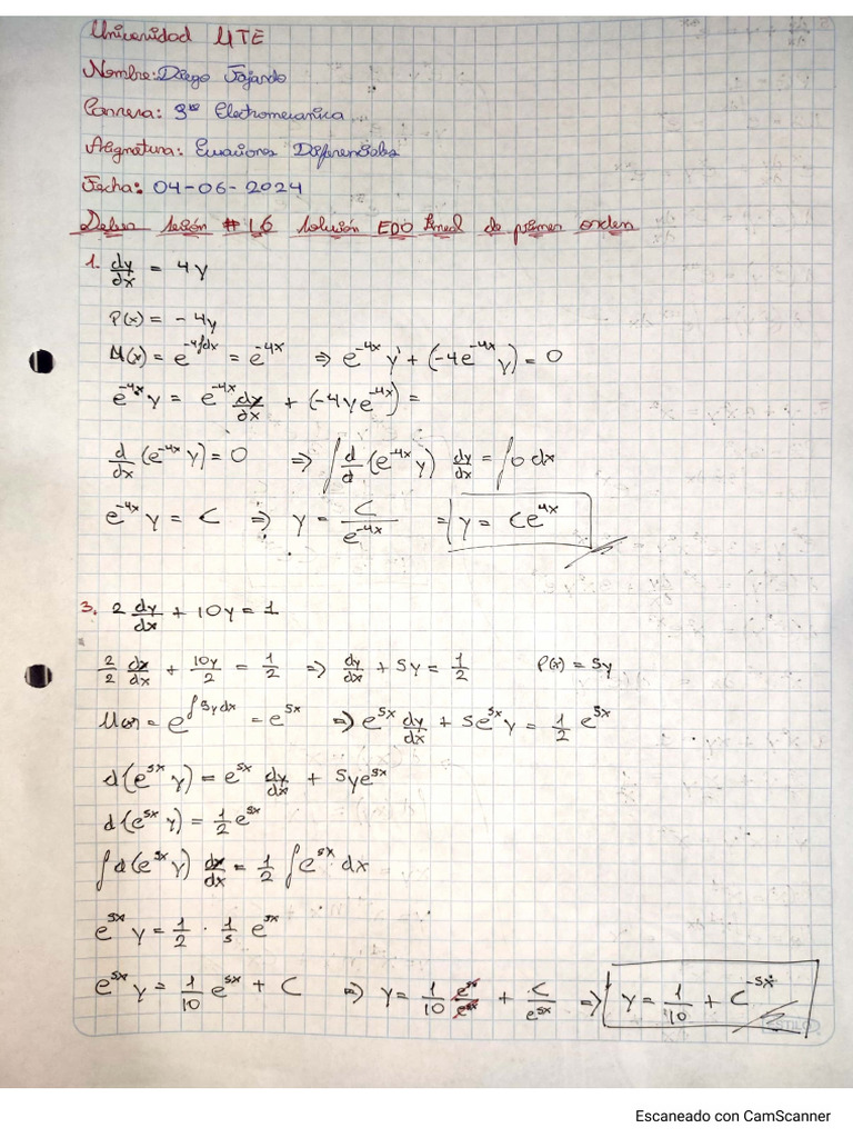 Deber Sesión 16 Solución EDO Lineal de Primer Orden | PDF