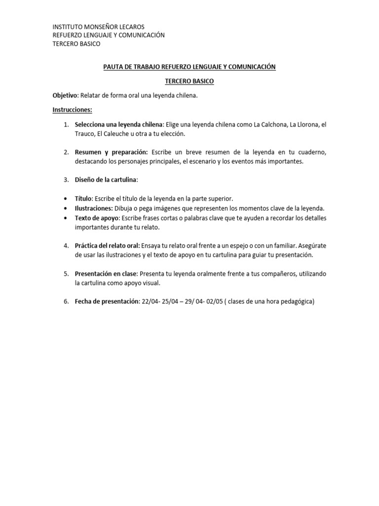 PAUTA DE TRABAJO REFUERZO LENGUAJE Y COMUNICACIÓN TERCERO BASICO LEYENDA | PDF
