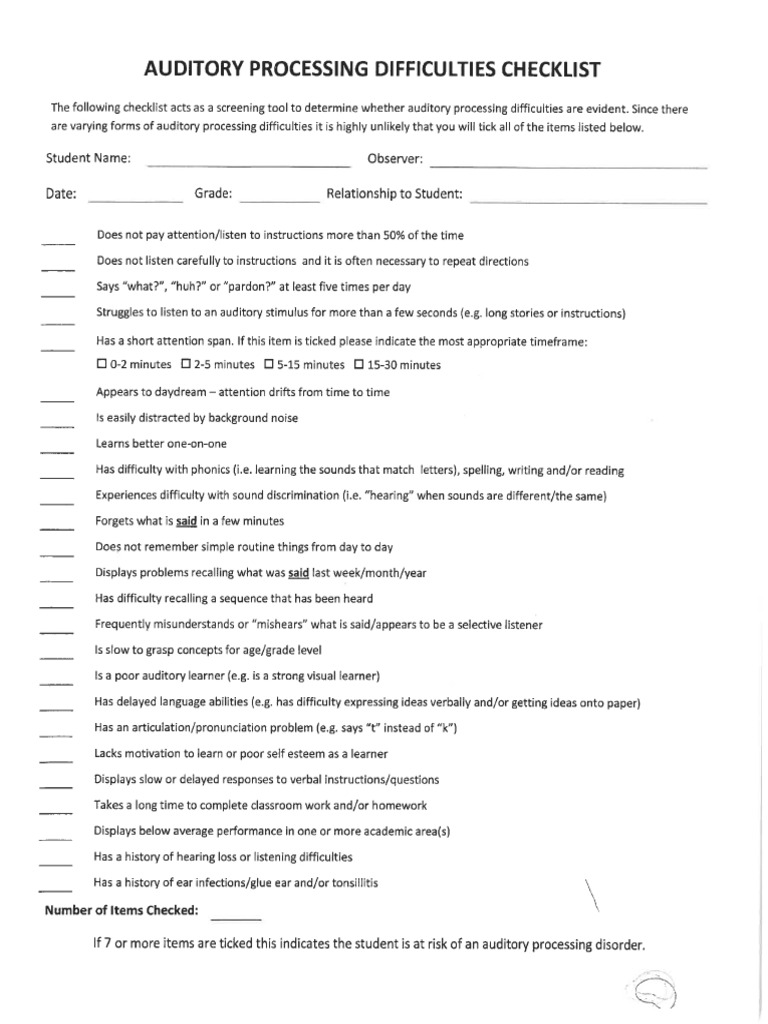 Auditory Processing Checklist | PDF