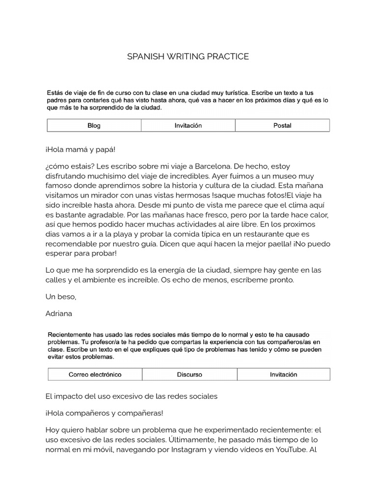 Spanish Writing Practice | PDF
