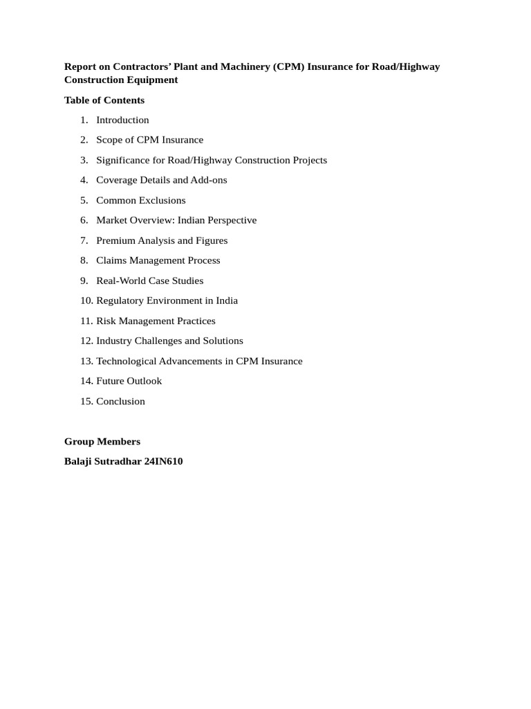 Report On CPM Insurance For Road Highway Construction Equipment | PDF ...