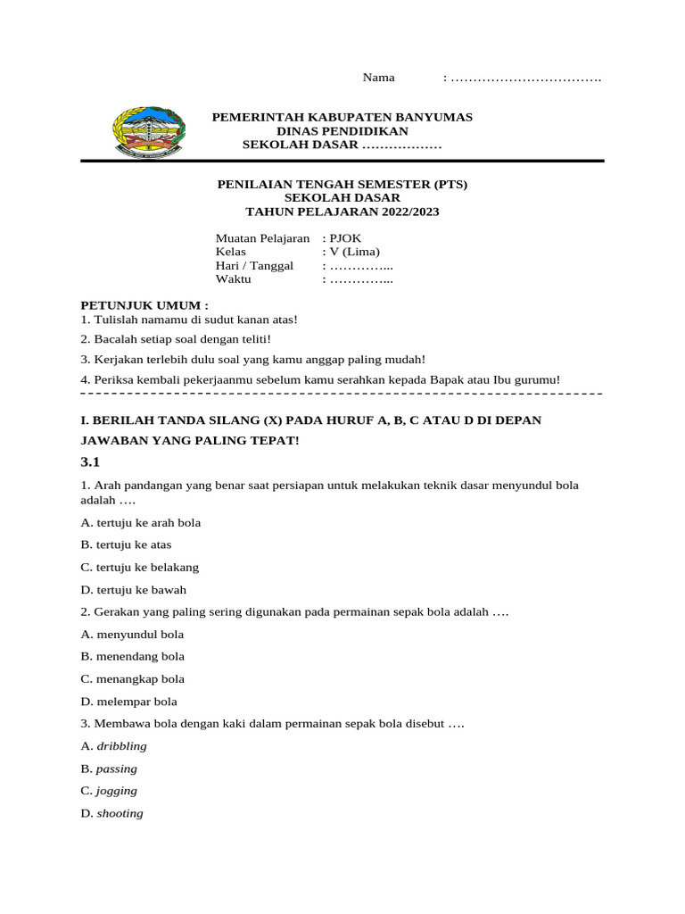 SOAL PTS Kls 5 2022 | PDF