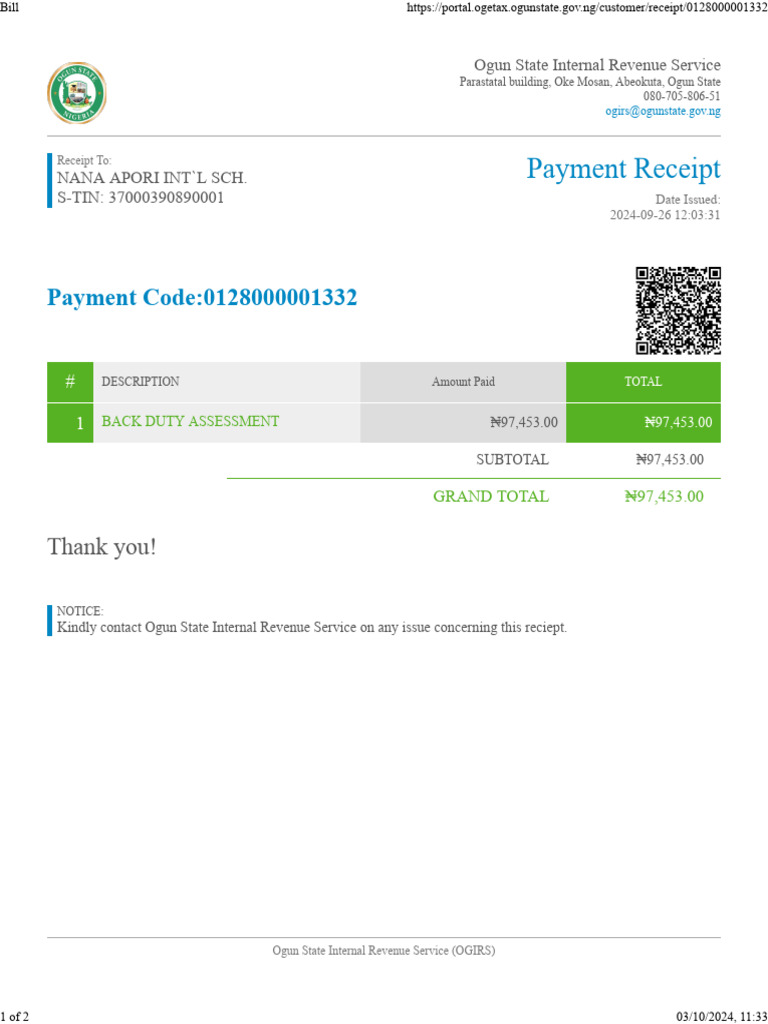 Ogun State Payment Receipt Details | PDF