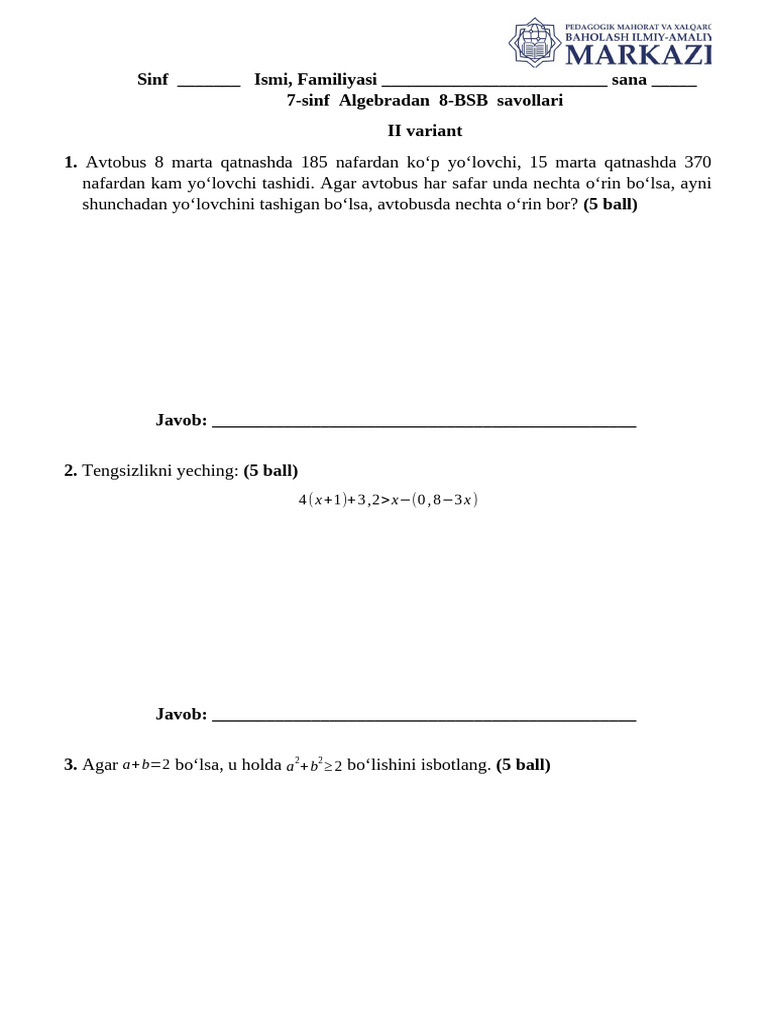 IV Chorak 7 Sinf Algebra Ixtisos 8 BSB Original II Variant | PDF