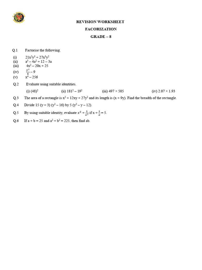 Grade 8 Factorization and Identities Worksheet | PDF