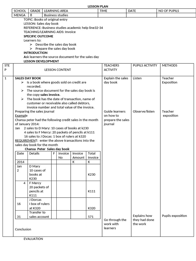 Sales Day Book Lesson Plan 1 | PDF | Lesson Plan | Cognition