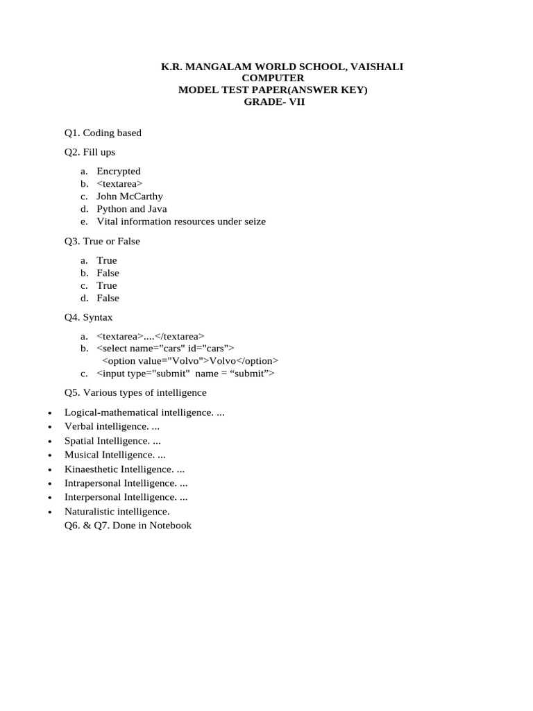 Grade 7 Model Test Paper Answer Key | PDF