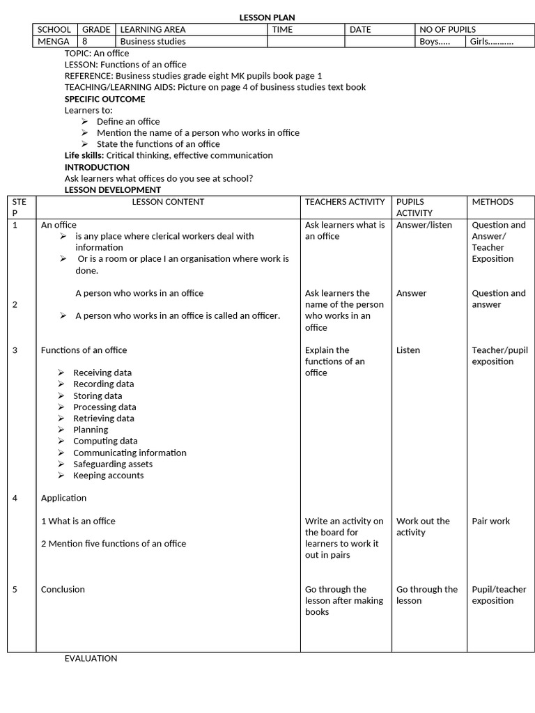 an office lesson plan 1 | PDF | Lesson Plan | Teachers
