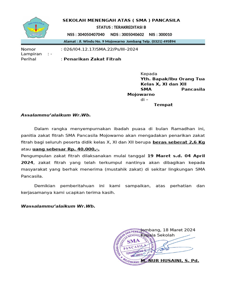 Surat Edaran Sma Zakat 2024 | PDF