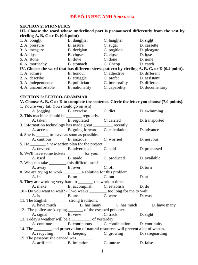 Đề Số 13 HSG Anh 9 | PDF | Parking | Public Transport