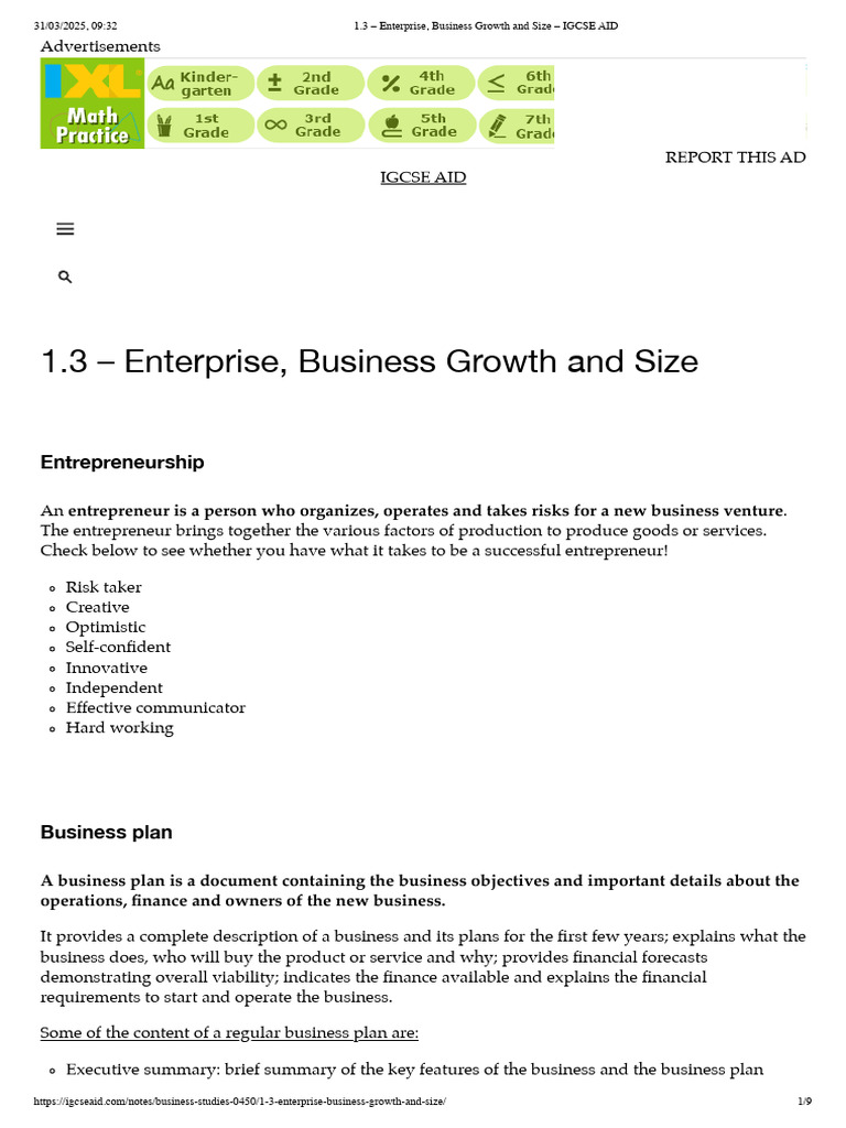 1.3 - Enterprise, Business Growth and Size - IGCSE AID | PDF ...