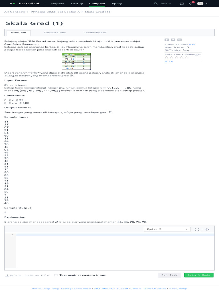 Skala Gred (1) PPKomp 2023 Set Soalan A Question Contests HackerRank | PDF