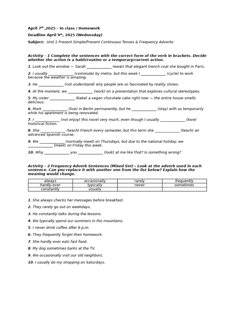 Unit 1 Present SimplePresent Continuous Tenses & Frequency Adverbs ...
