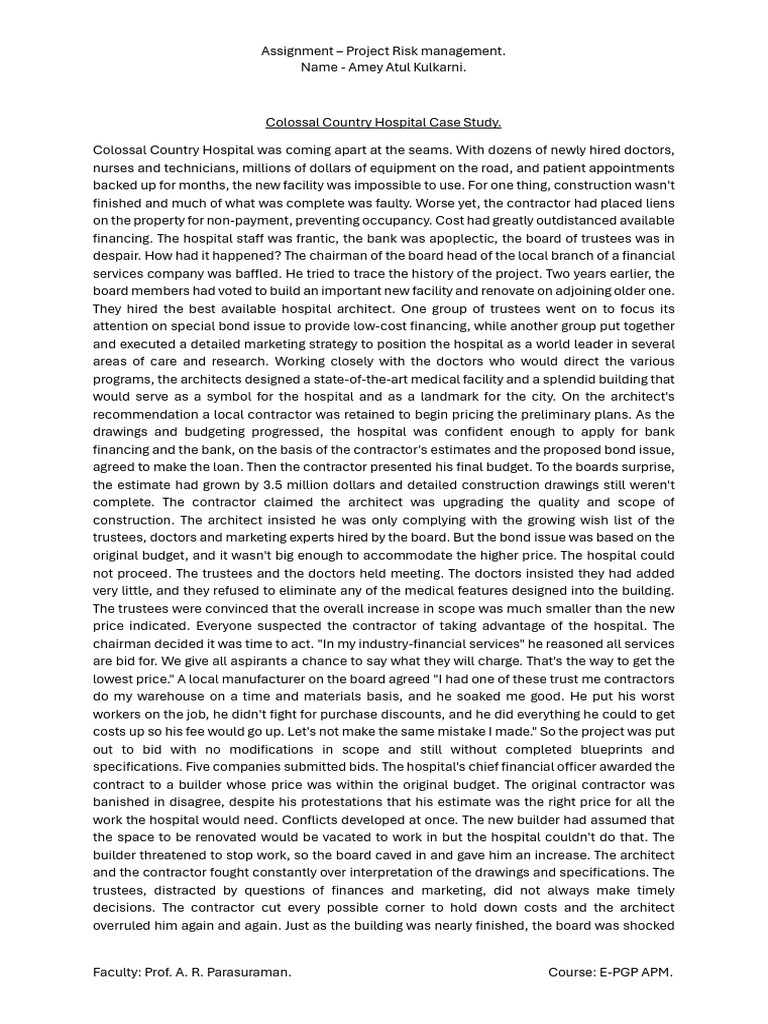 Colossal Country Hospital Case Study | PDF | Risk Management | Project Management