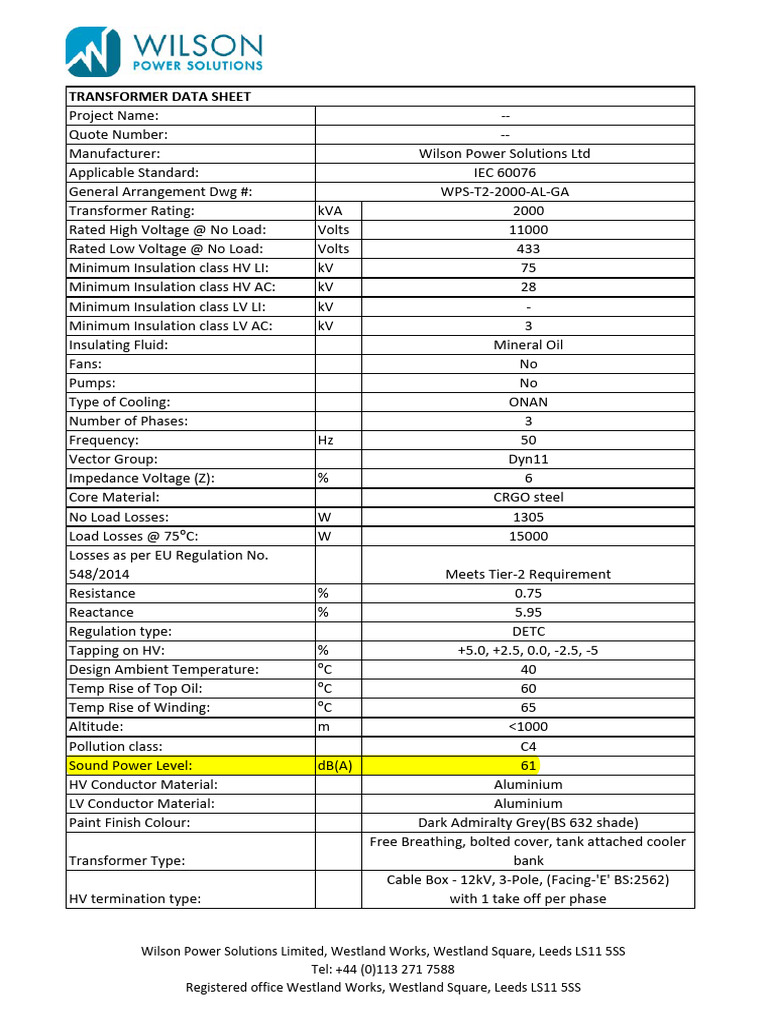 2000 kVA Transformer Specifications | PDF | Transformer | Electronics