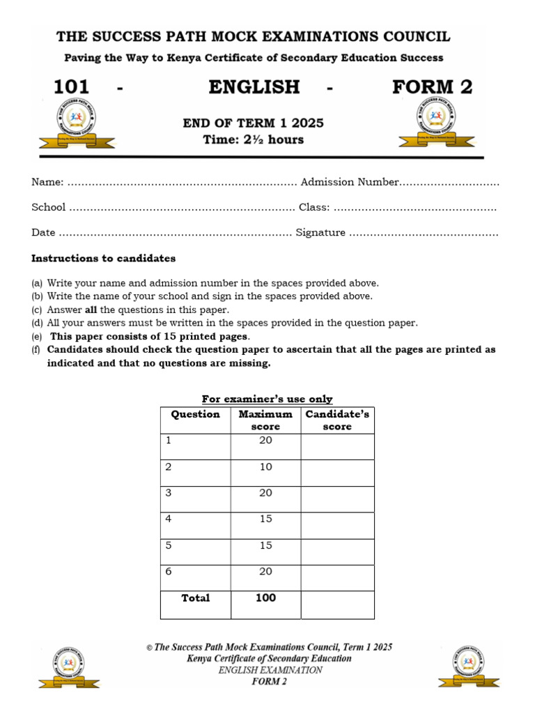 English Form 2 Et 1 2025 | PDF
