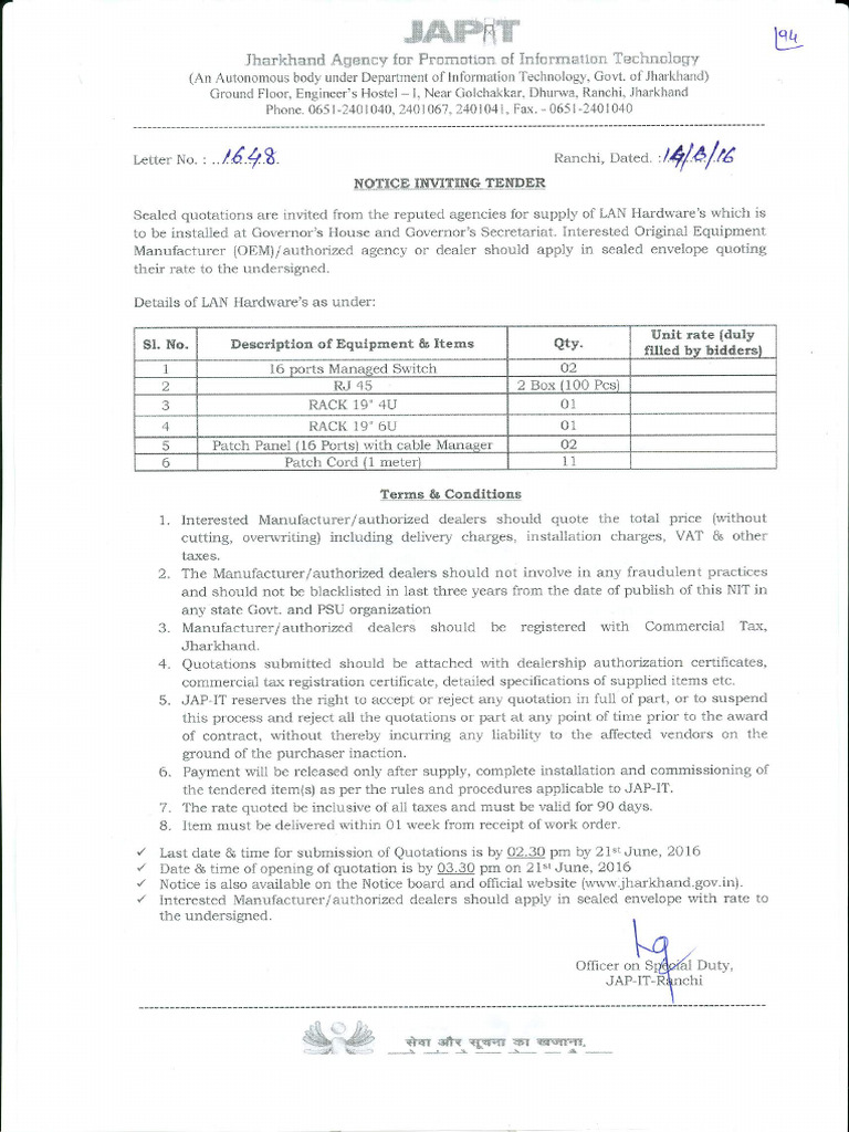 Notice Inviting Tender For Supply of Lan Hardware's | PDF