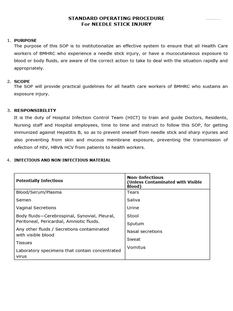 Needle Stick Injury SOP for Healthcare Workers | PDF | Hepatitis B ...